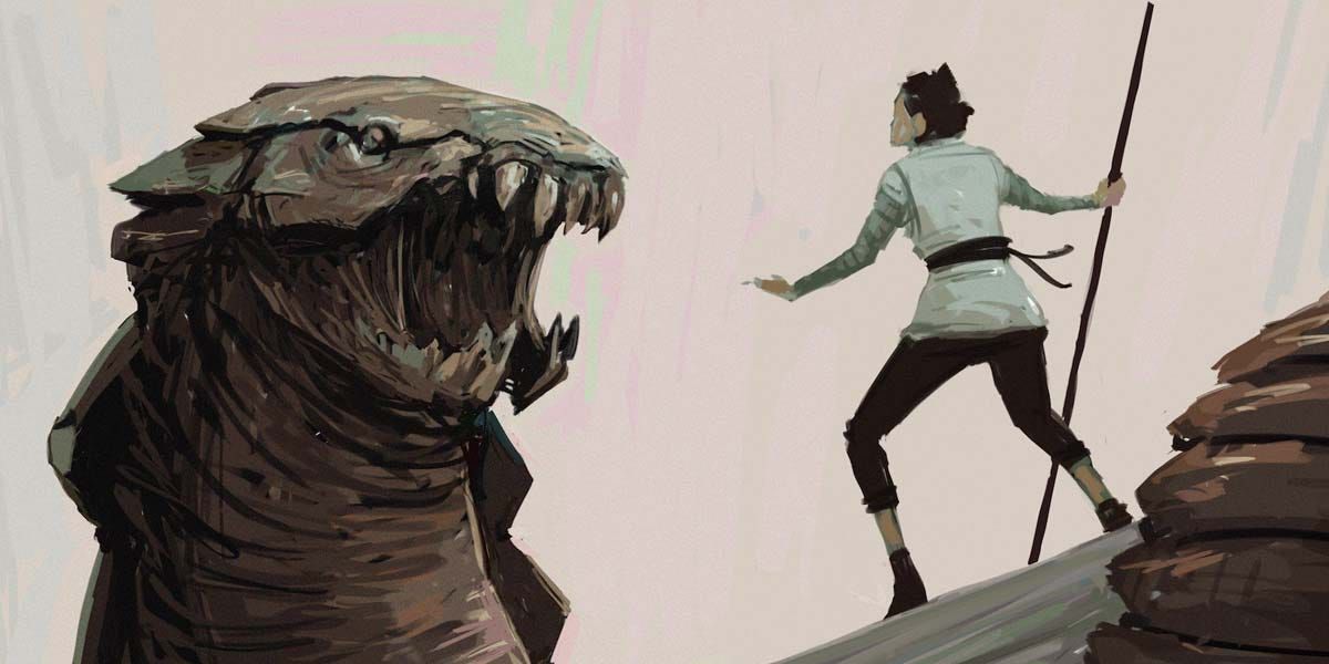 Star Wars: Rey Fights a Serpent in Rise of Skywalker Concept Art