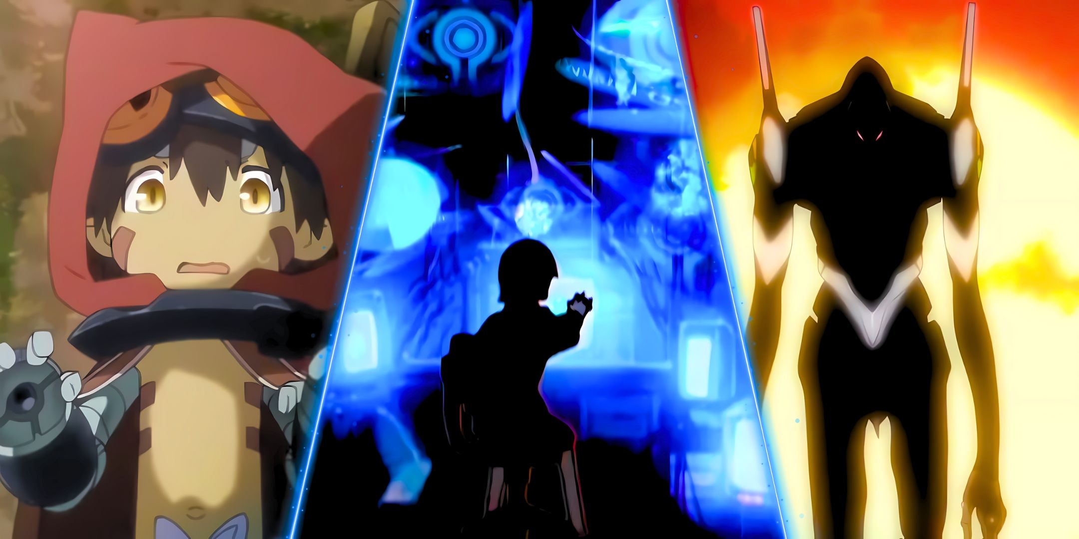 A split image featuring Made in Abyss, Serial Experiments Lain, and Neon Genesis Evangelion